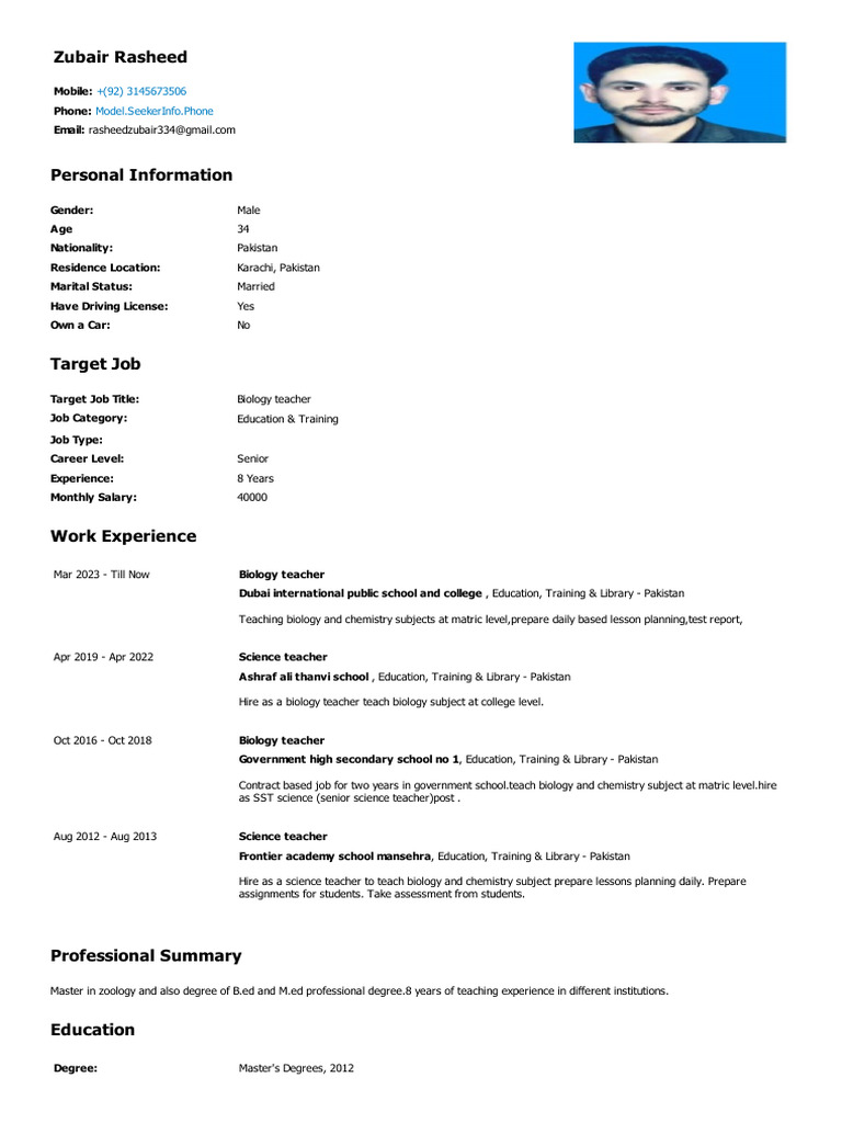 Zubair Rasheed 0c4a4095 Fd68 464a A114 5b69d86681b5 ArabJobs CV | PDF | Teachers | Science Education