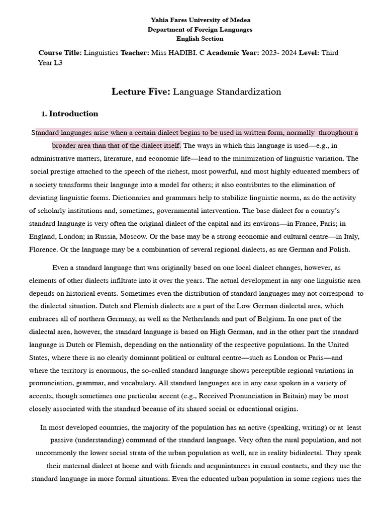 Lecture 5. Language Standardization | PDF | Dialect | Linguistics