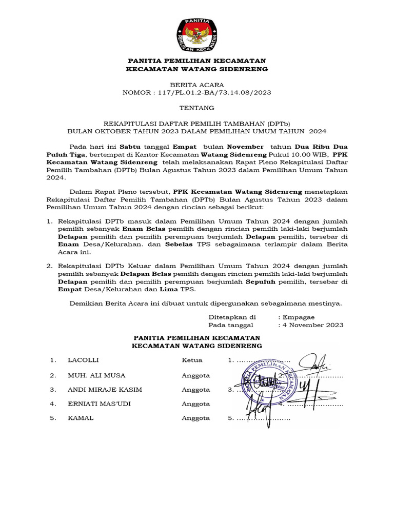 BERITA ACARA DPTB Bulan Oktober | PDF