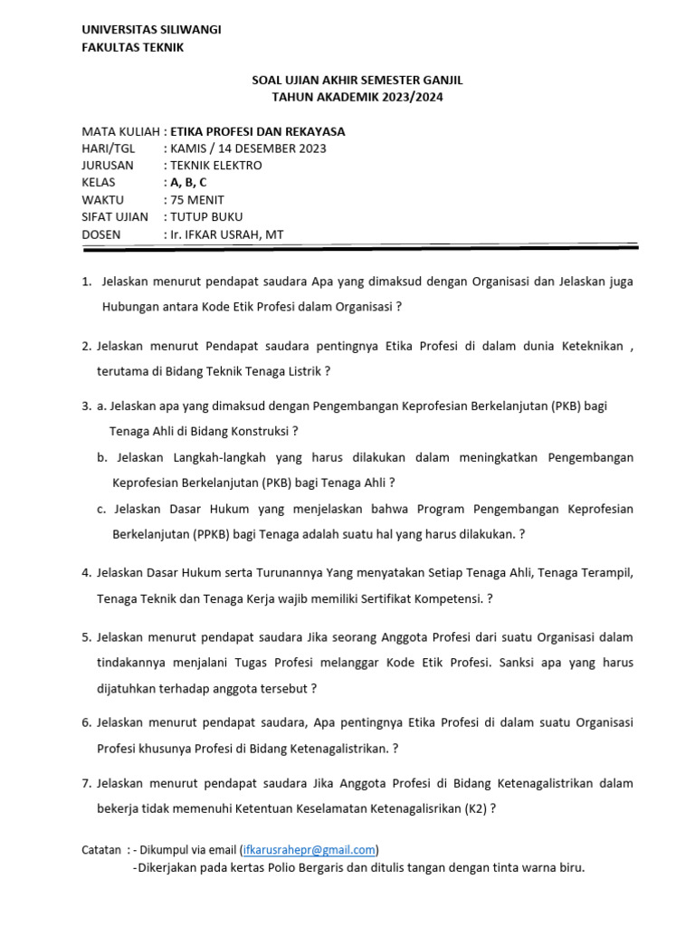 Soal Uas Etika Profesi Ganjil 2023-2024 | PDF