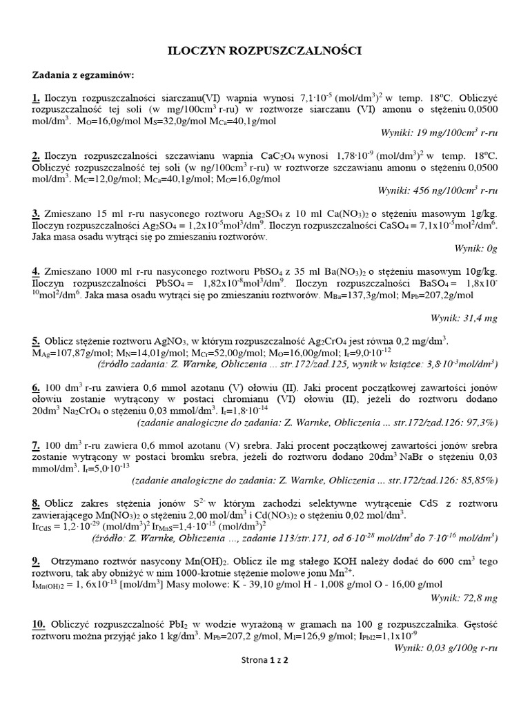 Zadania Iloczyn Rozpuszczalności | PDF