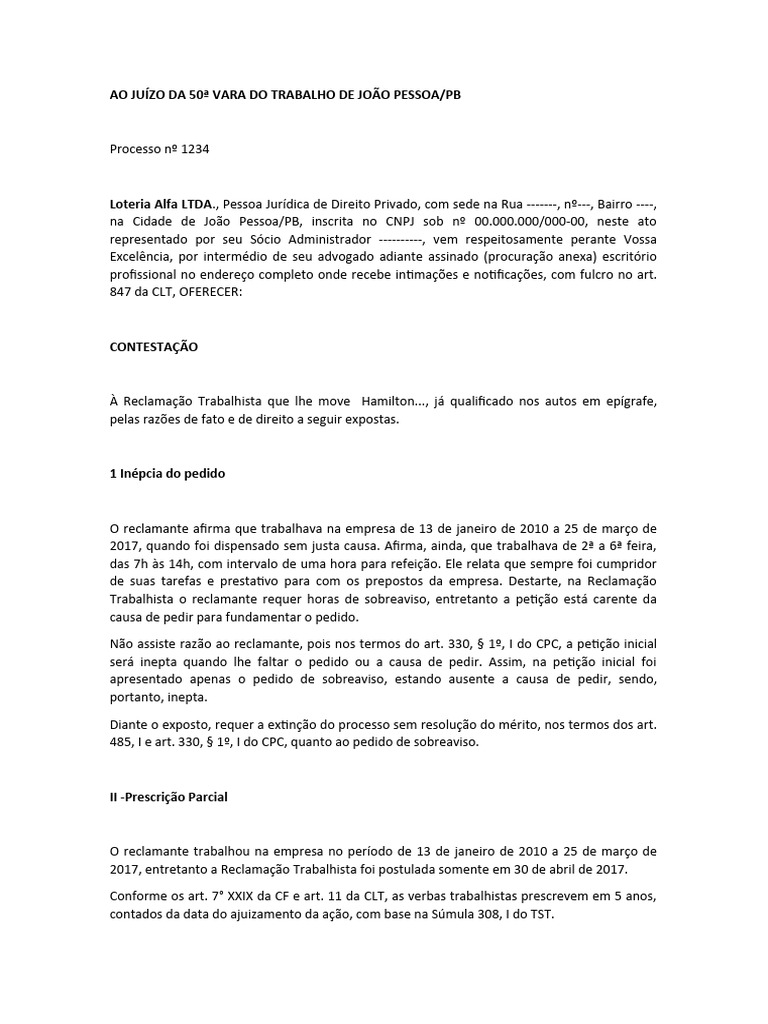 Contestação em Reclamação Trabalhista | PDF | Hora extra | Queixa