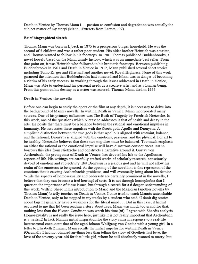 "Death in Venice: Mann's Exploration of Balance" | PDF | Dionysus