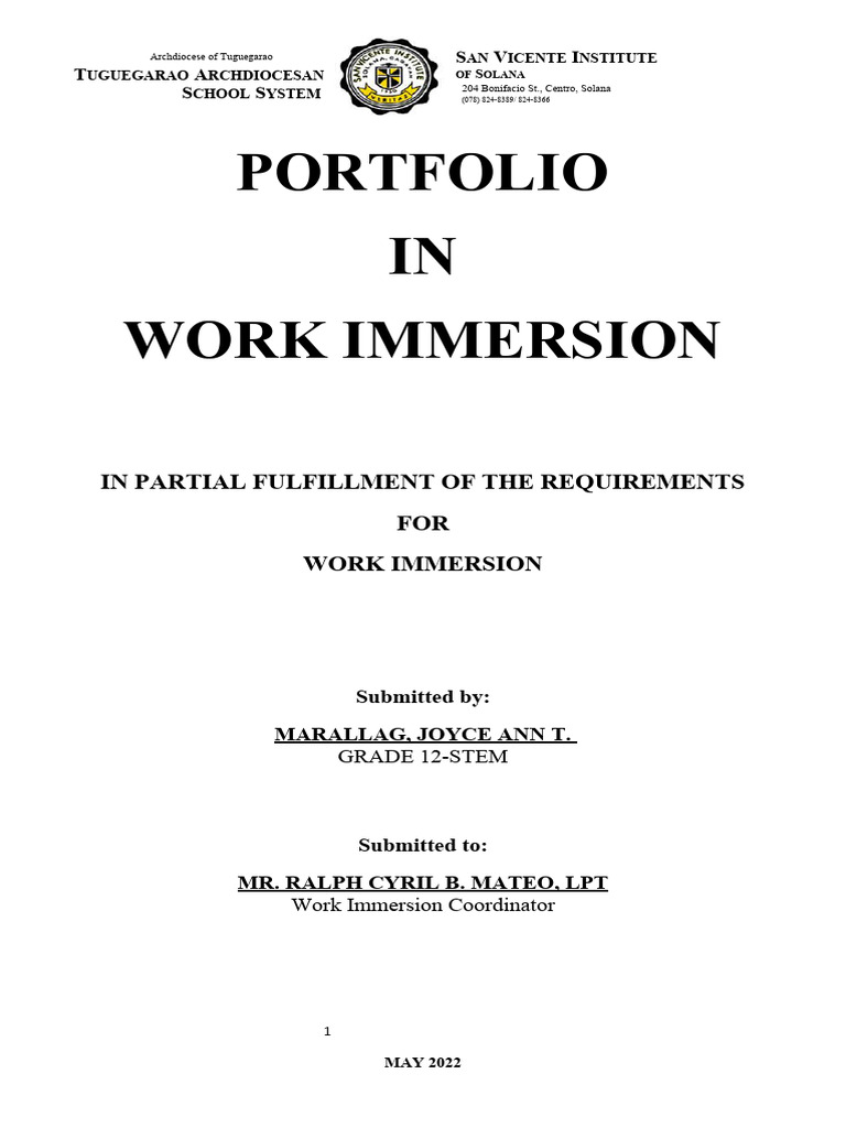 Grade 12 Work Immersion Portfolio | PDF | Filtration | Water Purification