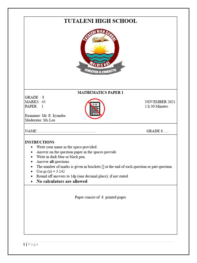Grade 8 Maths Exam Paper November 2021 | PDF | Area | Mathematics