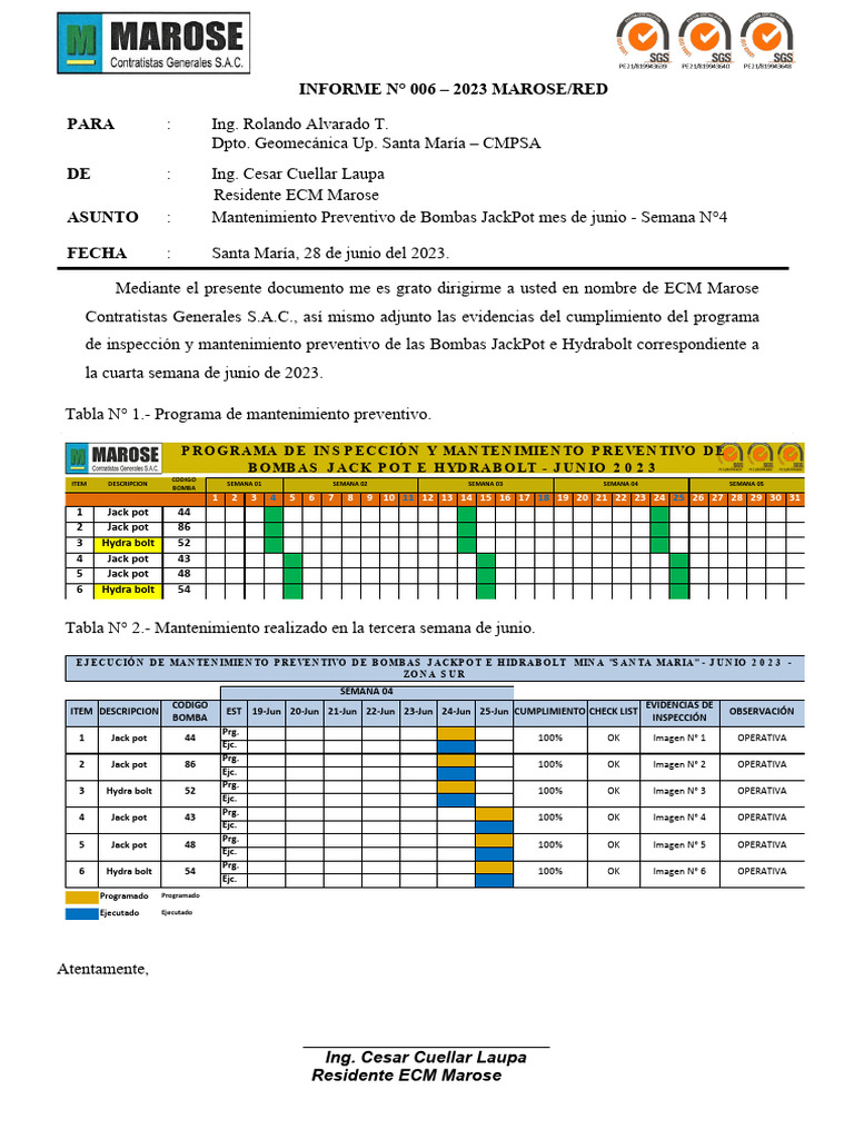 Informe Del Programa de Mantenimiento de Bombas Jack Pot Junio - SEM 3 ...