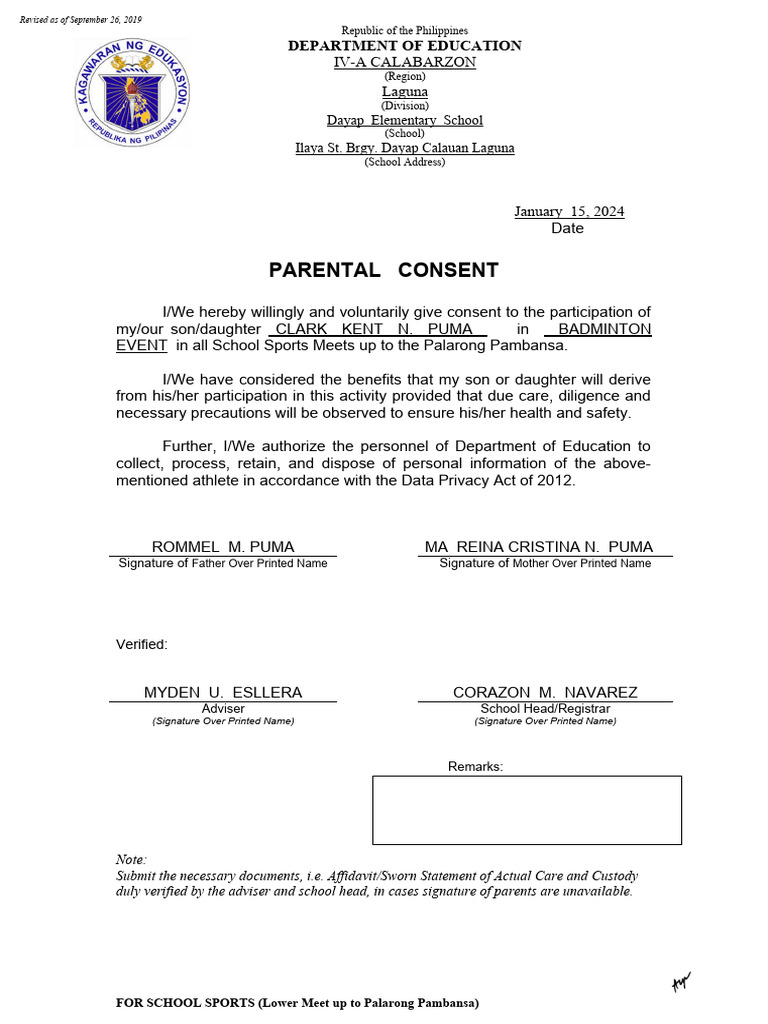 2020-Parents-Consent-revised | PDF | Government | Philippines