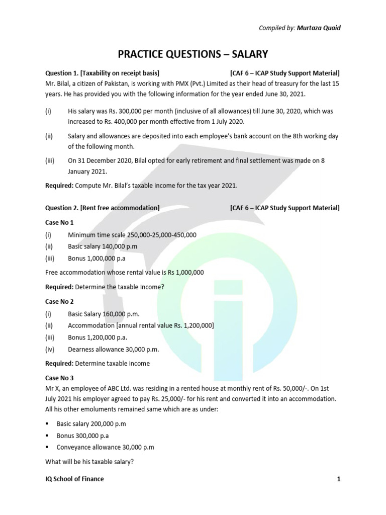 Salary Practice Questions Pdf Taxes Option Finance