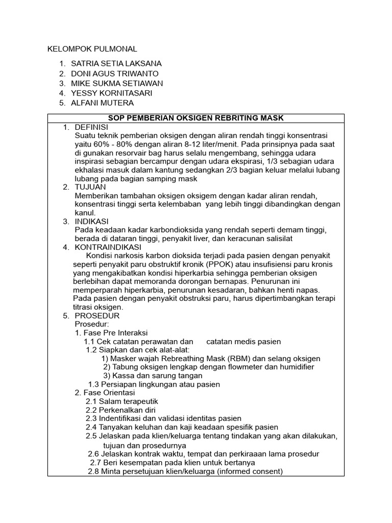 SOP Oksigen Rebreathing Mask | PDF | Kesehatan Holistik | Sains ...