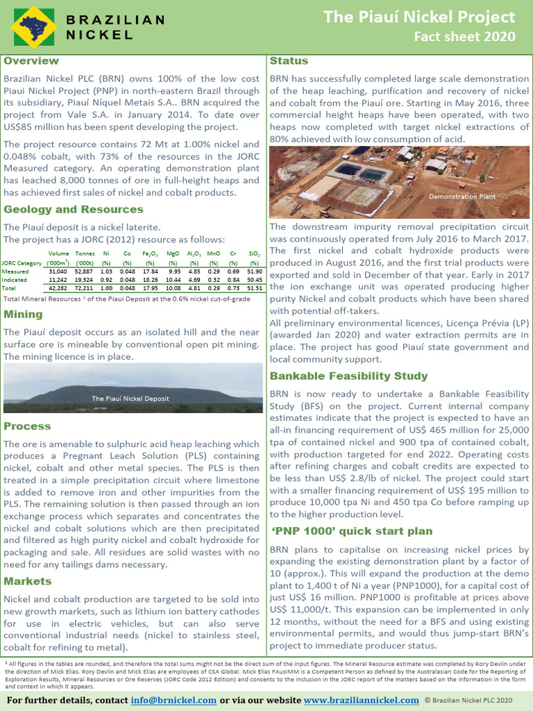 PNP-1-page-fact-sheet-2020 | PDF | Nickel | Cobalt