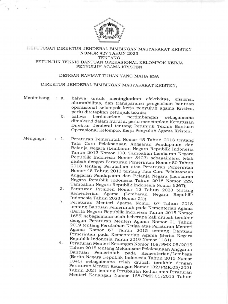SK 427 Tahun 2023 Tentang Petunjuk Teknis Bantuan Operasional Kelompok ...