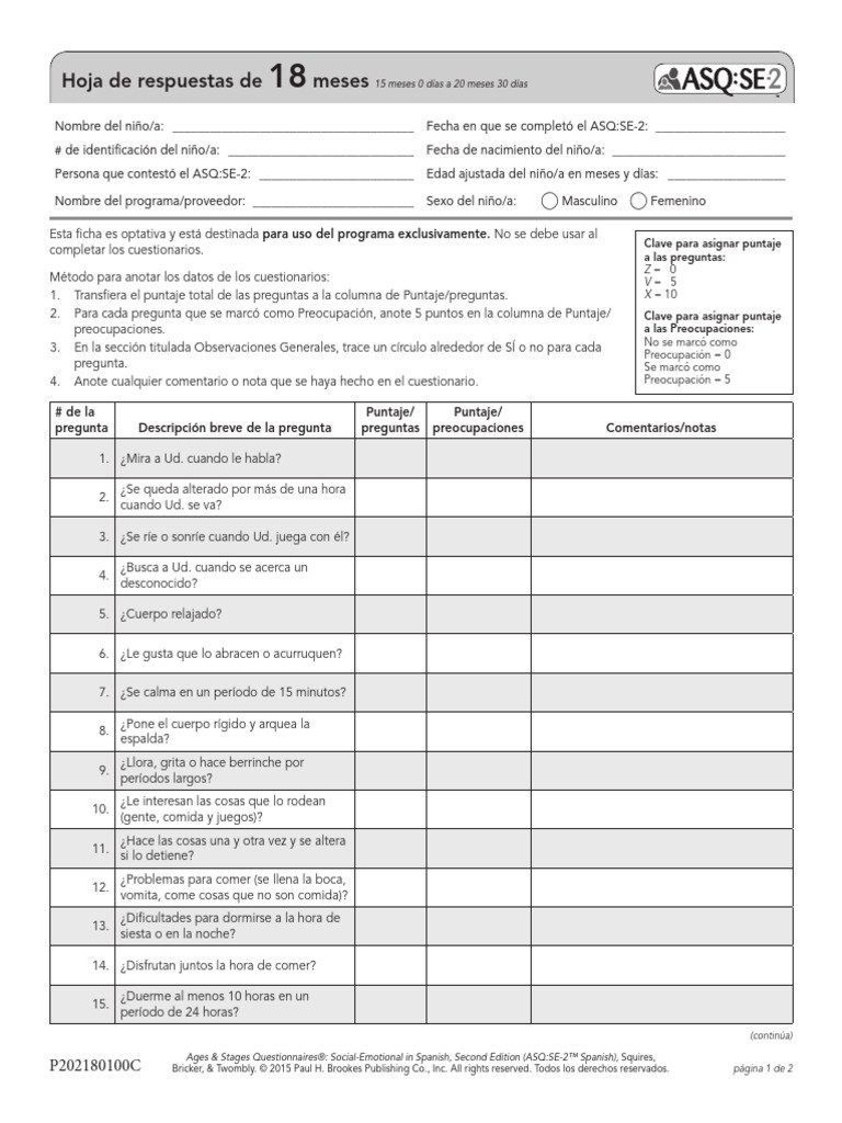 ASQ-SE2 Hojas de respuesta 18 meses | PDF