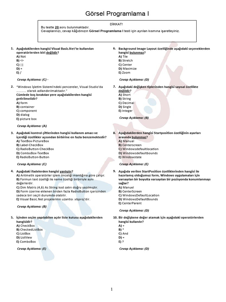 Görsel Programlama - I - Vize - Tüm | PDF