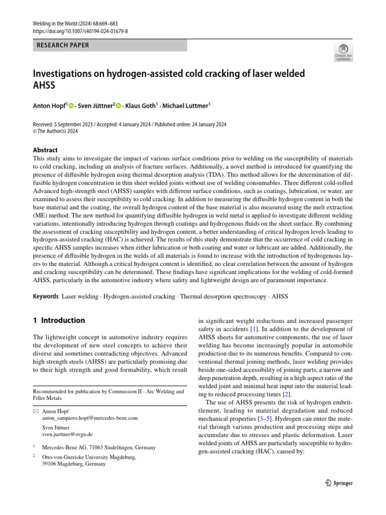 Investigations On Hydrogen-Assisted Cold Cracking of Laser Welded AHSS ...