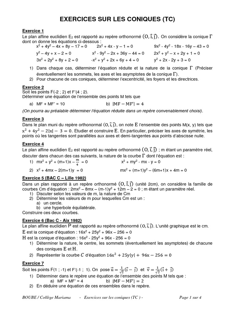 Exercices sur les coniques en mathématiques | PDF | Coordonnées ...