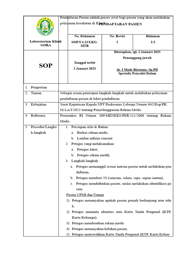 SOP 01 PENDAFTARAN PASIEN | PDF