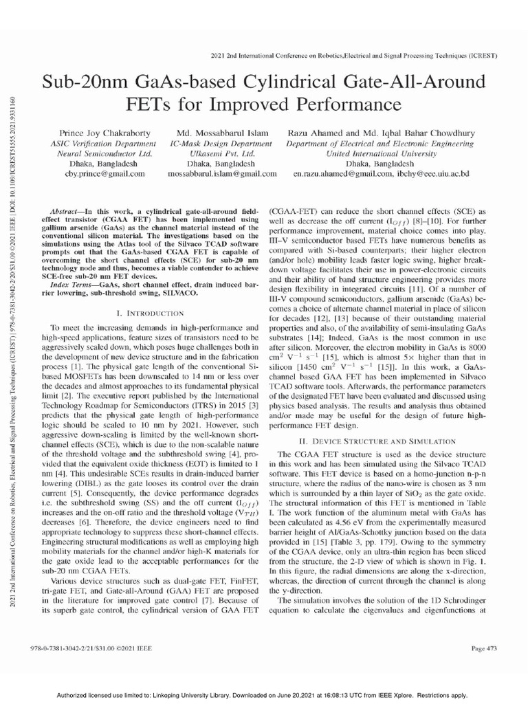 Sub-20Nm Gaas-Based Cylindrical Gate-All-Around Fets For Improved ...