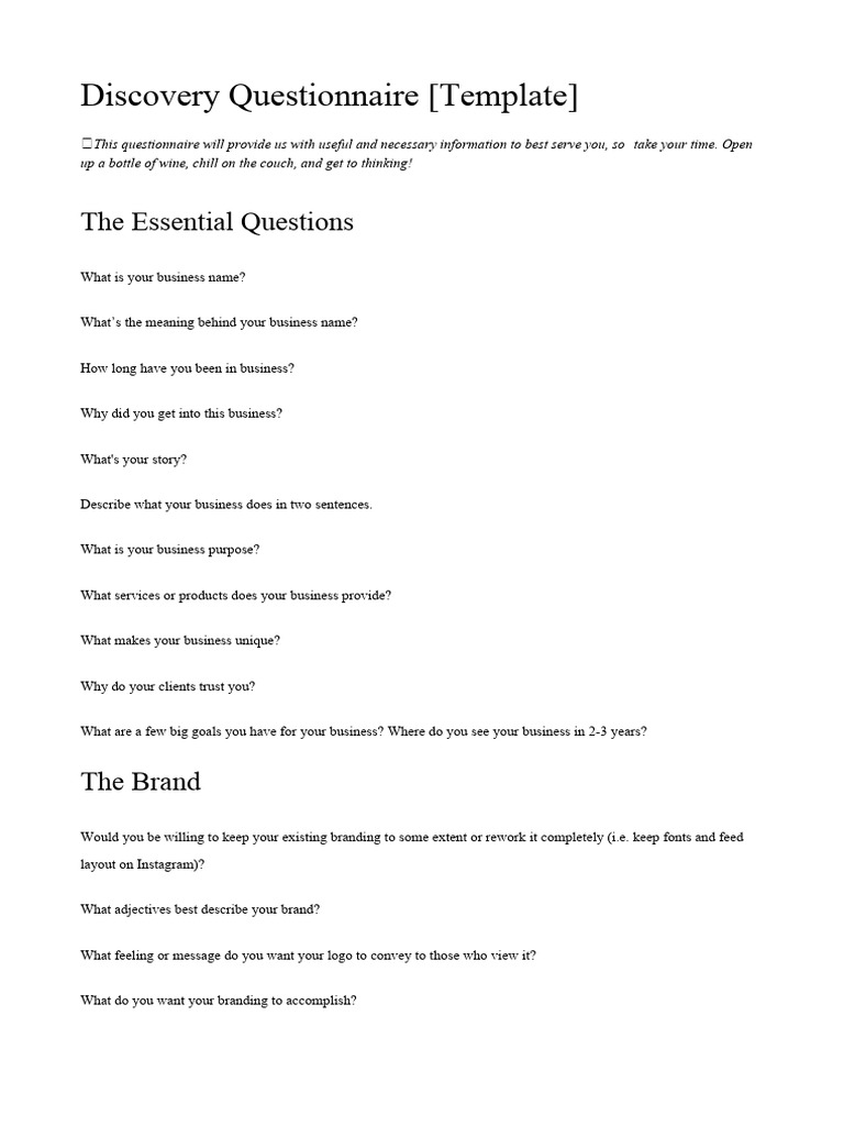 Discovery Questionnaire Pdf Career Growth