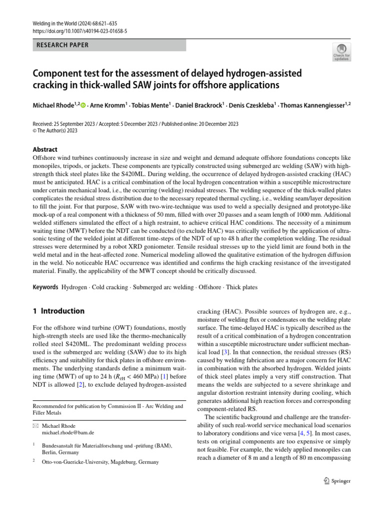 Component Test For The Assessment of Delayed Hydrogen-Assisted Cracking ...