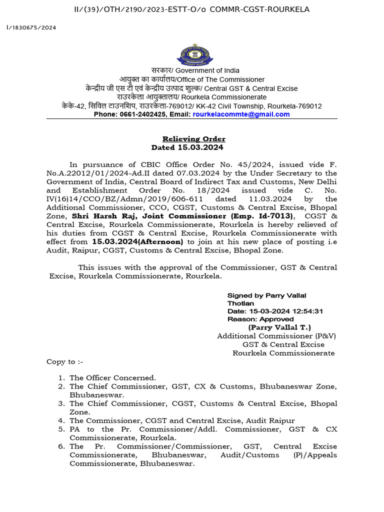 Relieving Order of Shri Harsh Raj, JC | PDF | Public Finance | Economies