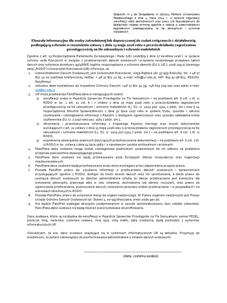 Załącznik NR 3 Klauzula Informacyjna RODO | PDF