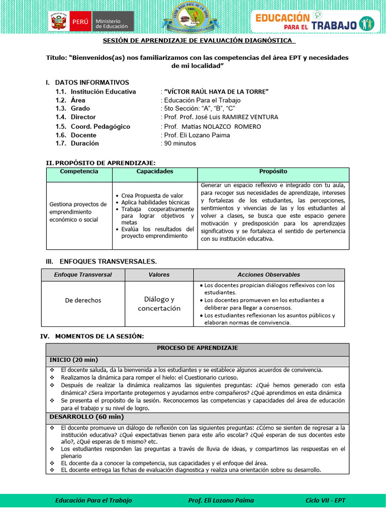 Sesión de Evaluación Diagnostica | PDF | Evaluación | Maestros
