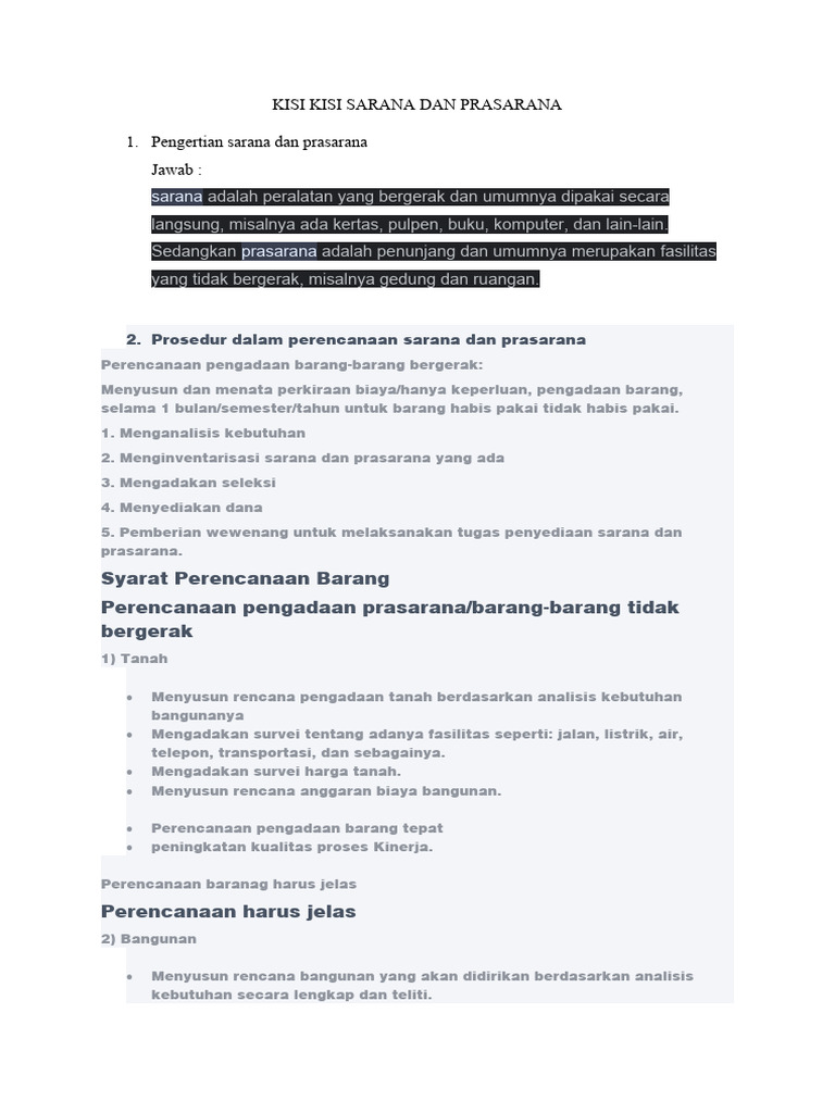 Kisi Kisi Sarana Dan Prasarana Plus Keuangan | PDF