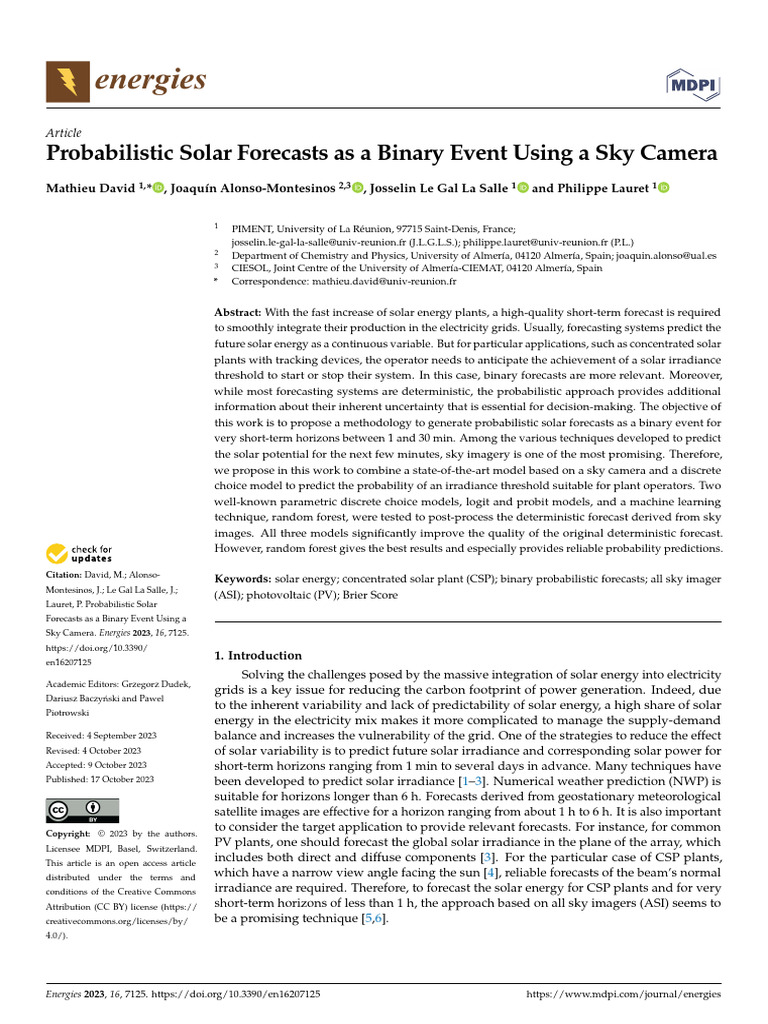 Probabilistic Solar Forecasts As A Binary Event Us | PDF | Logistic Regression | Forecasting