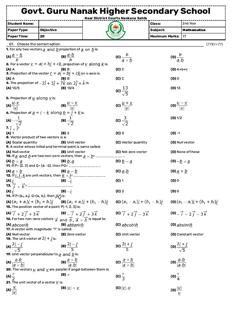 2nd Year-Mathematics-Maths | PDF | Euclidean Vector | Area