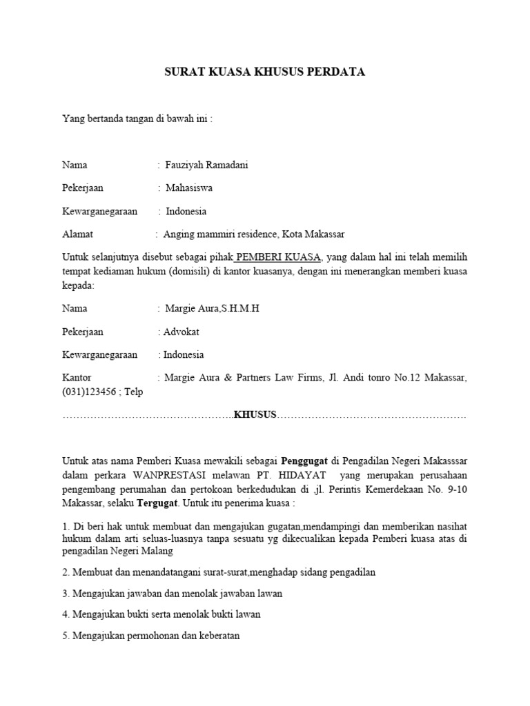 Surat Kuasa Khusus Perdata 2024 | PDF | Hukum
