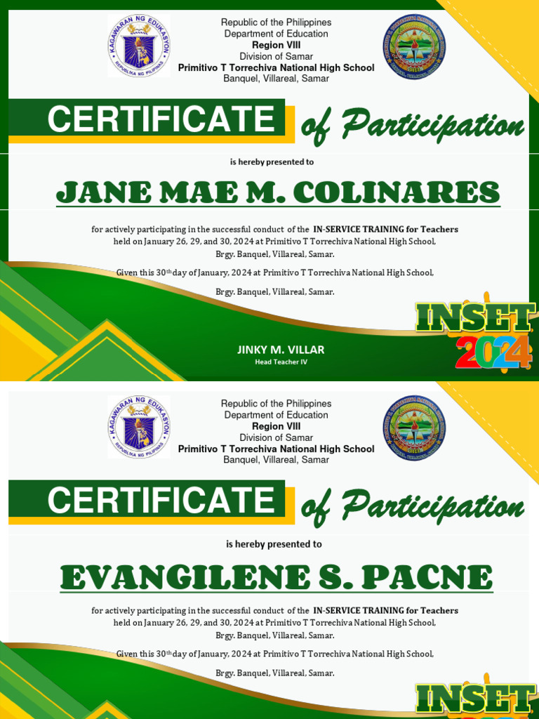 2024 Inset Certificates PDF | PDF | Government | Philippines