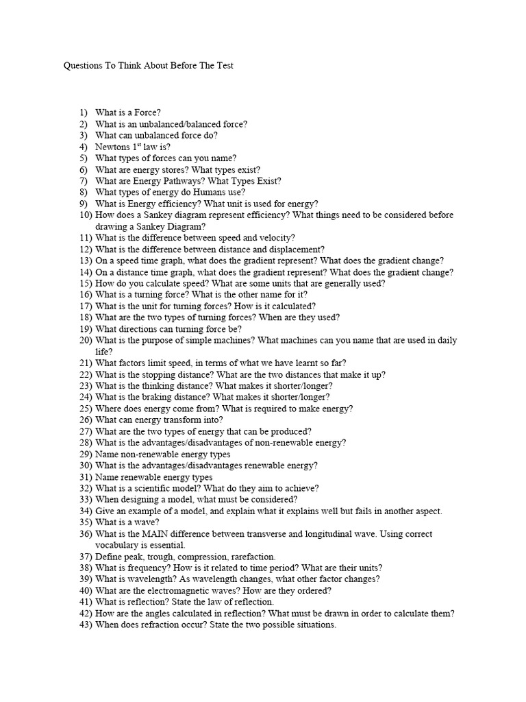 Questions To Think About Before The Test Physics Year 9 | PDF | Waves ...