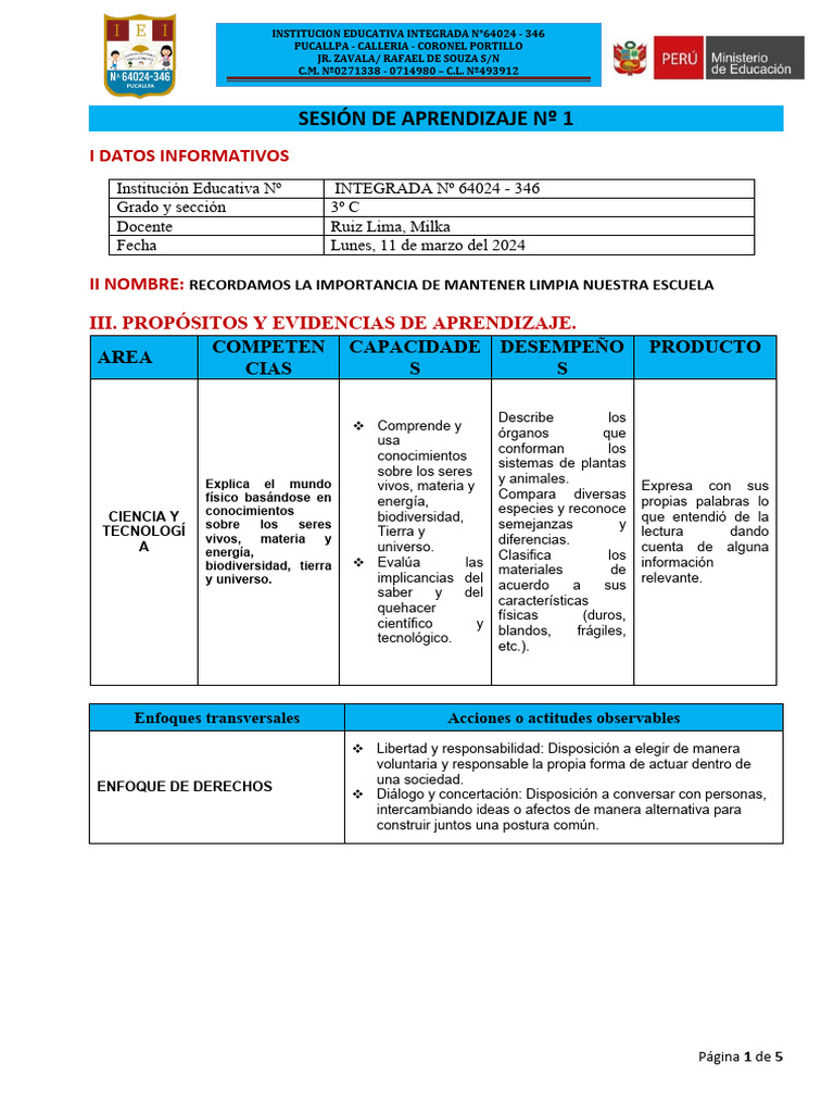 Sesión de Aprendizaje Nuevo Esquema #6 - 1 | Descargar gratis PDF | Aprendizaje | Maestros