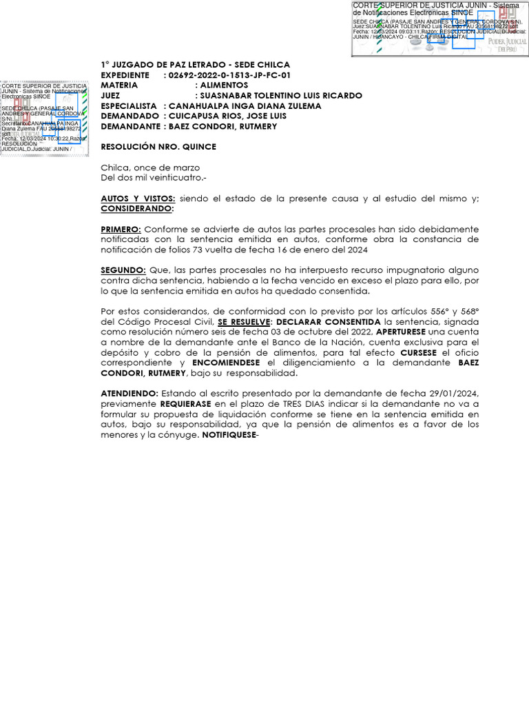 Exp. 02692-2022-0-1513-JP-FC-01 - Resolución - 19126-2024 | PDF