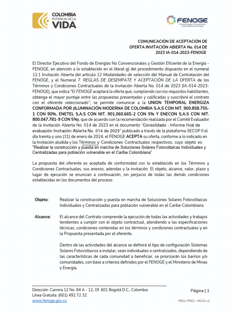 Aceptación de Oferta Solar Caribe 2023 | PDF | Colombia | Bogotá
