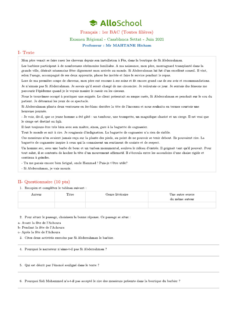Examen Regional de Francais Casablanca Settat Juin 2021 5 | PDF