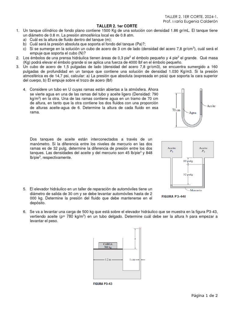 Taller 2. Fluidos Propiedades - Estática | PDF | Presión | Medida de presión