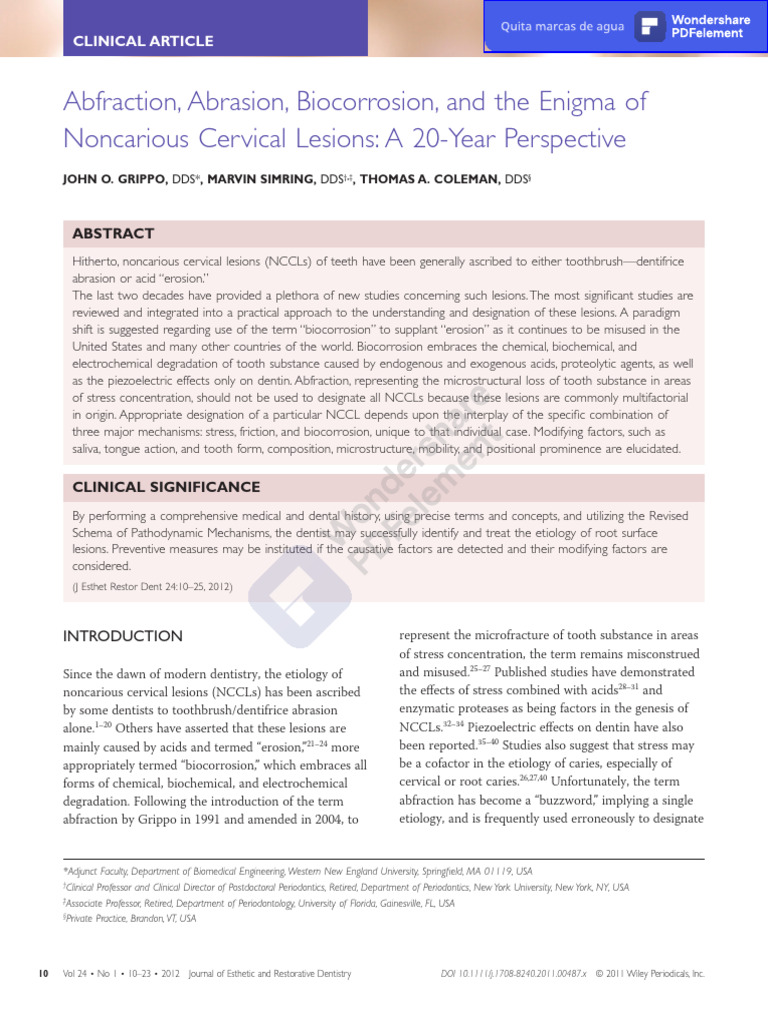 Abfraction, Abrasion, Biocorrosion, and The Enigma of Noncarius Lesions ...