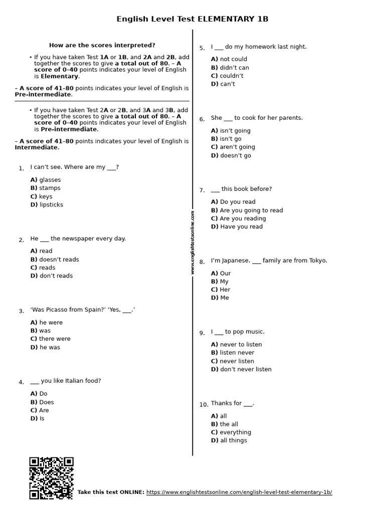 English Level Test: Elementary 1B | PDF