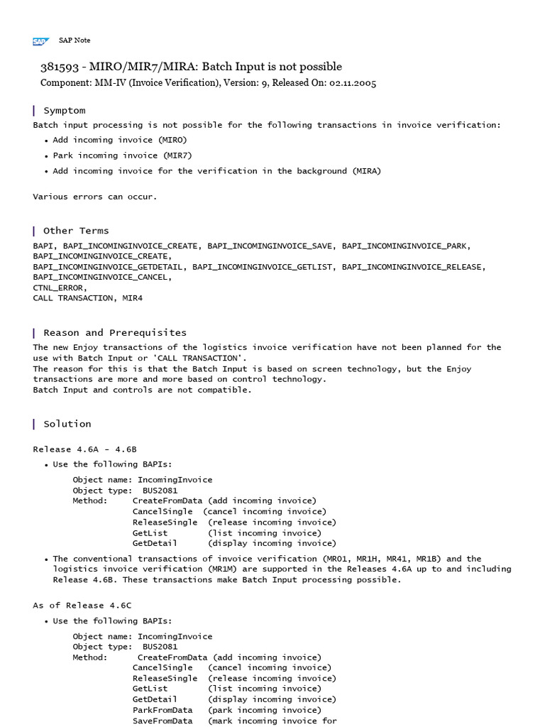 MIRO, MIR7, MIRA Batch Input Is Not Possible | PDF | Invoice | Computer Engineering