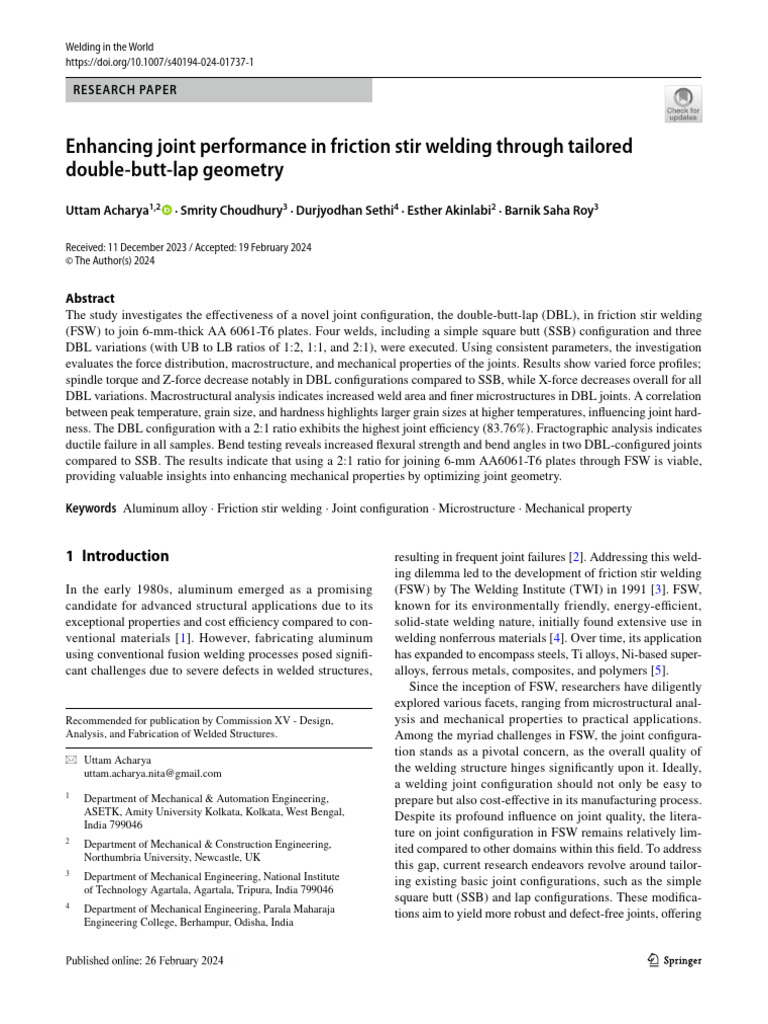 Enhancing Joint Performance In Friction Stir Welding Through Tailored Double Butt Lap Geometry