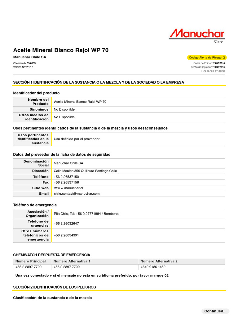 Aceite Mineral Blanco Rajol (Cas Na) MSDS | PDF | Ventilación ...