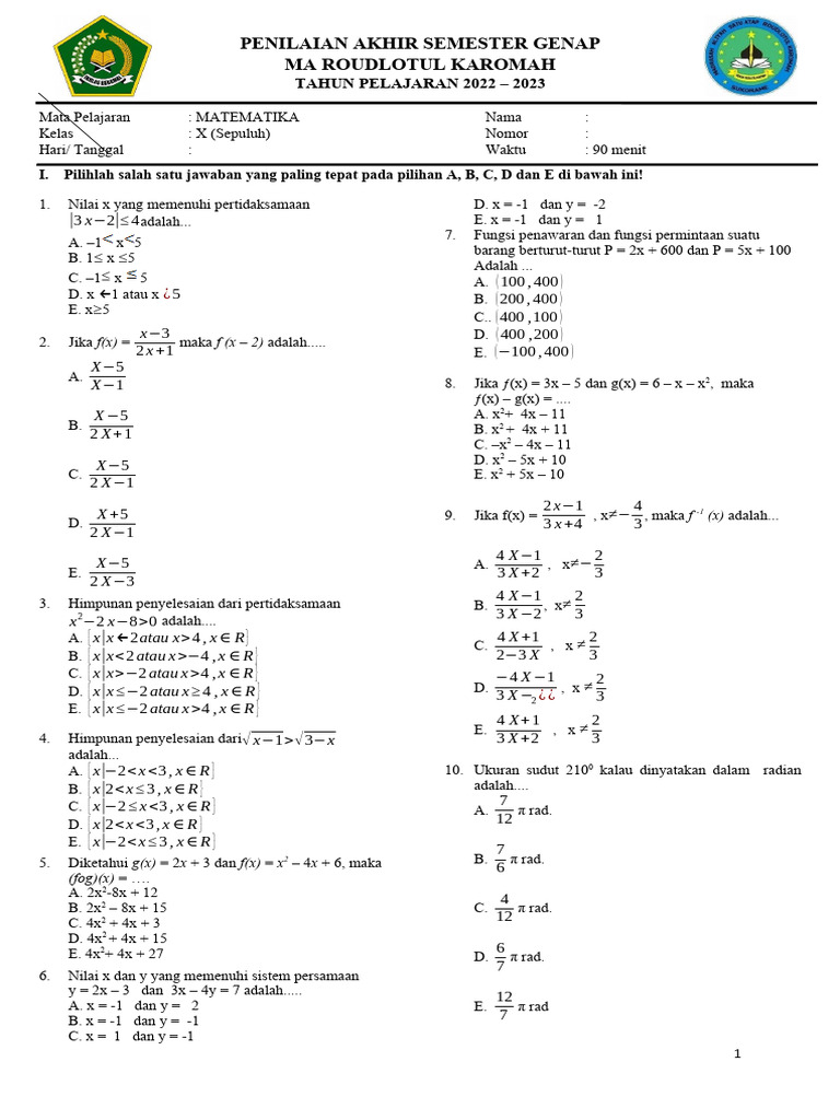Soal PAT MTK Wajib Kelas X | PDF