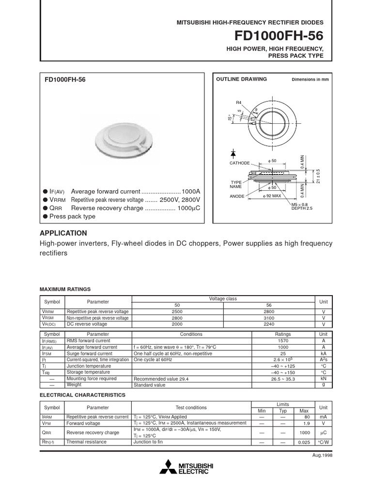 Mitsubishi FD1000FH-56 Diode Specifications | PDF | Rectifier | Diode