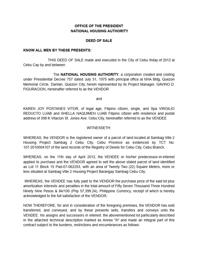 Deed of Sale Contract Sample | PDF | Mortgage Law | Civil Law (Legal ...