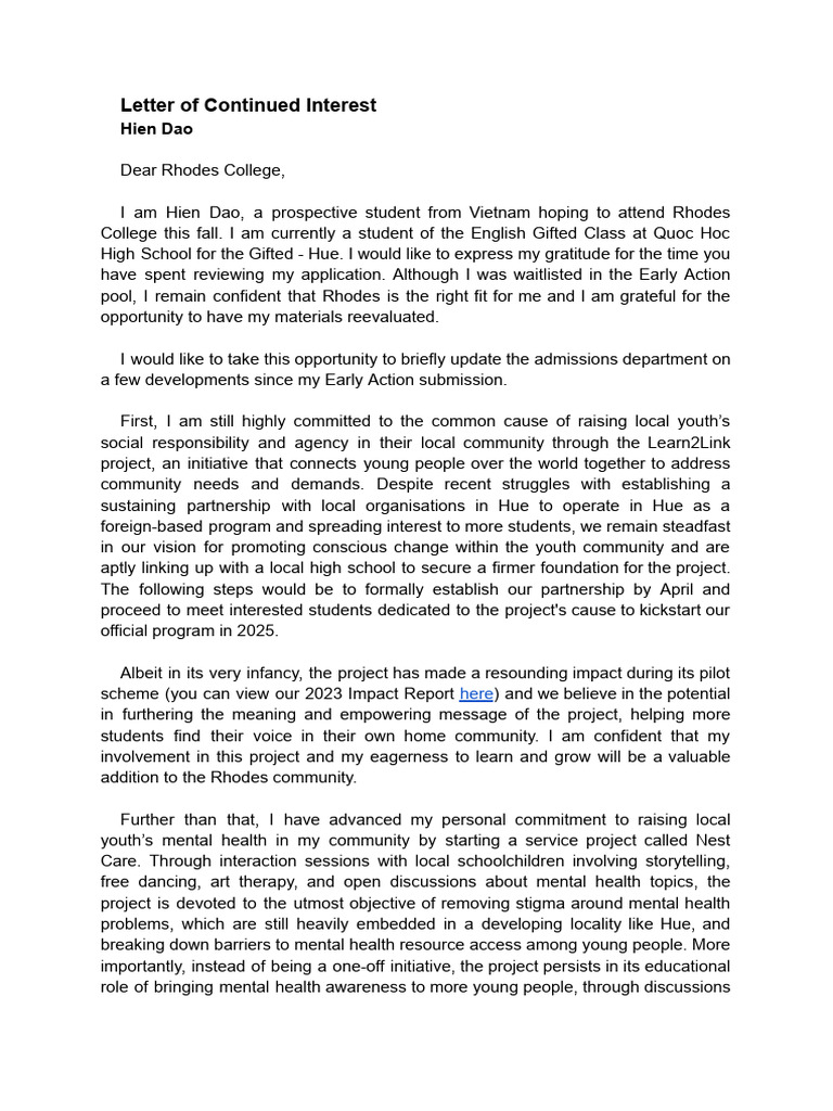 Letter of Continued Interest - Rhodes College | PDF | Mental Health ...