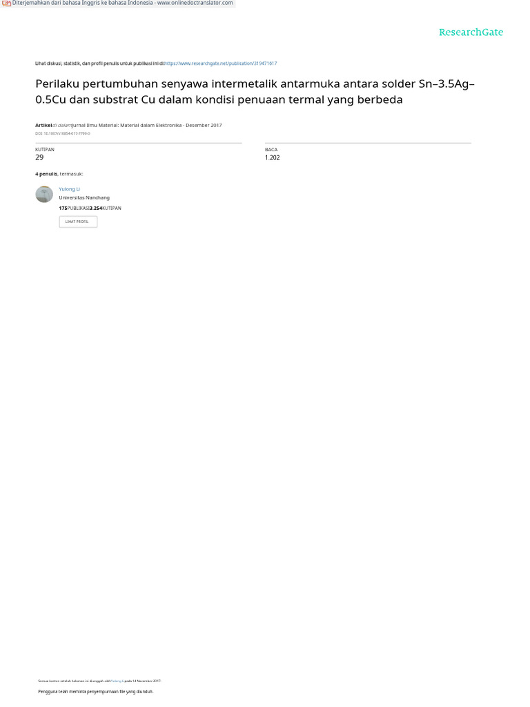 Perilaku Pertumbuhan Senyawa Intermetalik Antarmuka Antara Solder Sn-3.5Ag - 0.5cu Dan Substrat ...