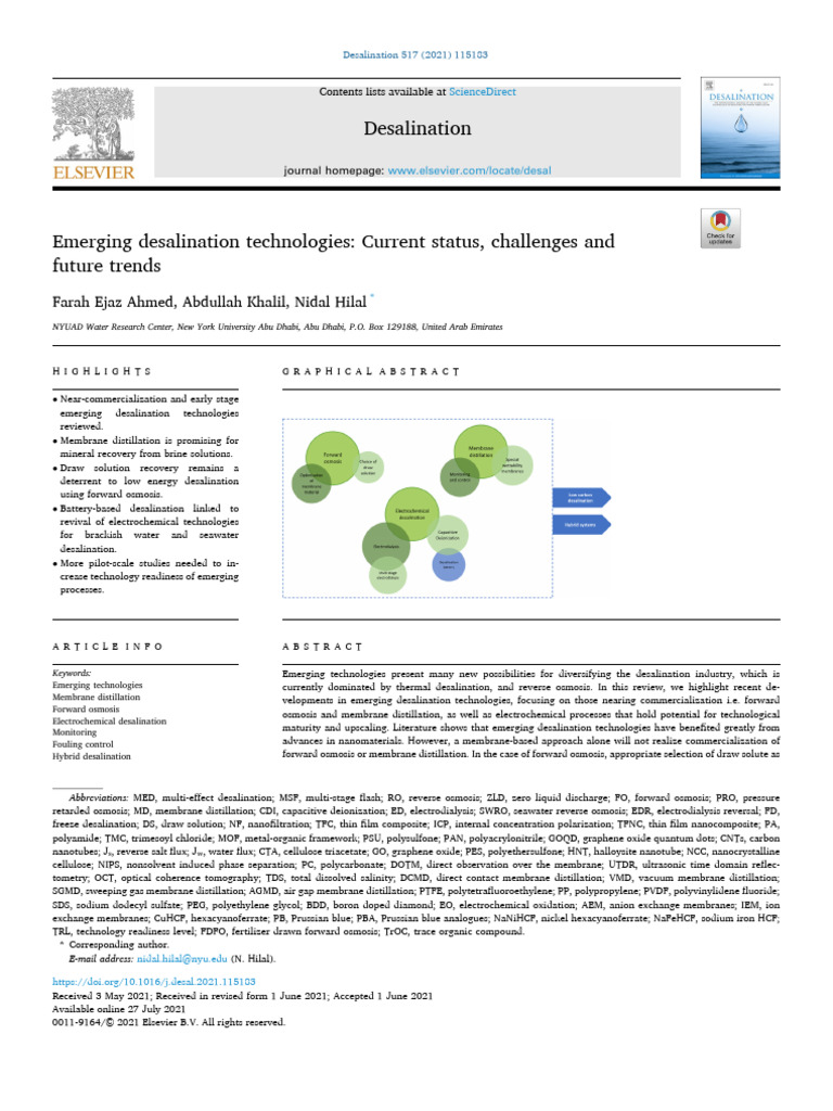 2021 - Emerging desalination technologies Current status, challenges ...