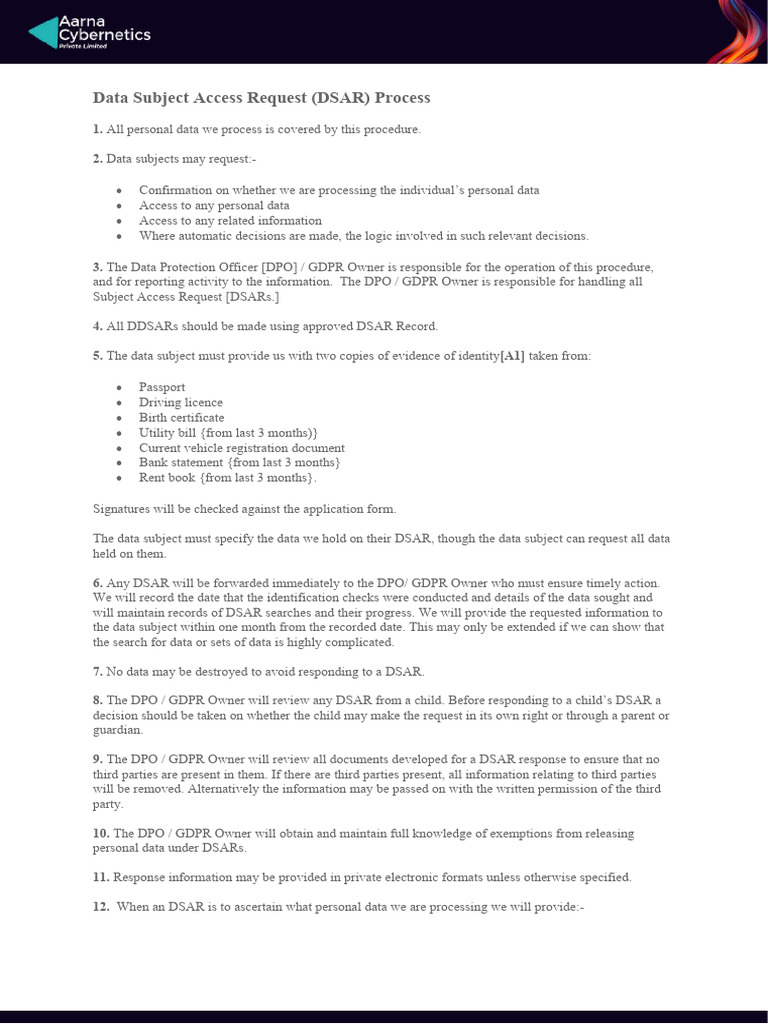 Aarna Cybernetics Data Subject Access Request (DSAR) Process | PDF ...