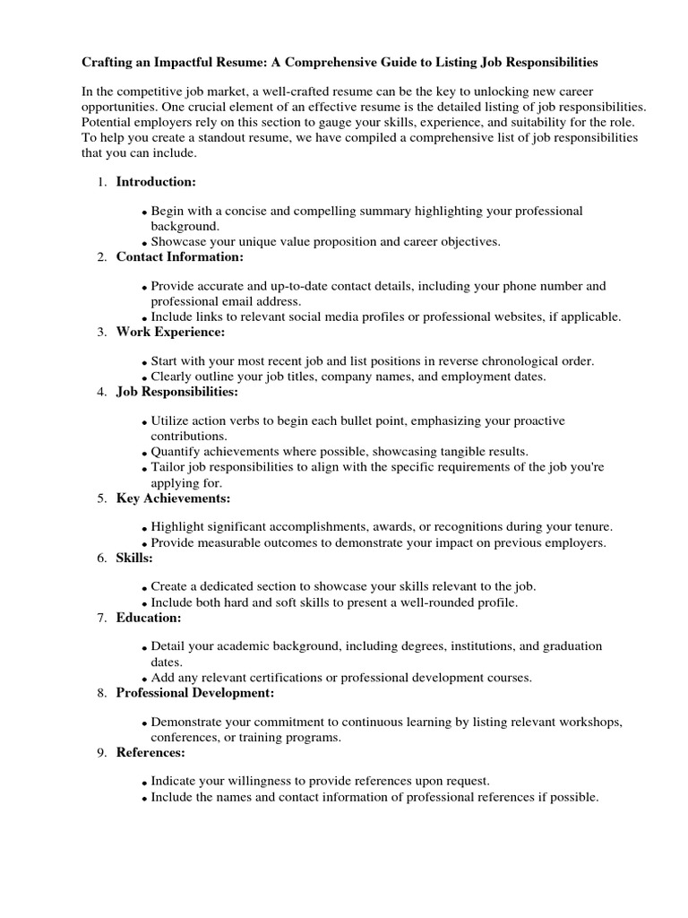 List of Job Responsibilities For Resume | PDF | Résumé | Http Cookie